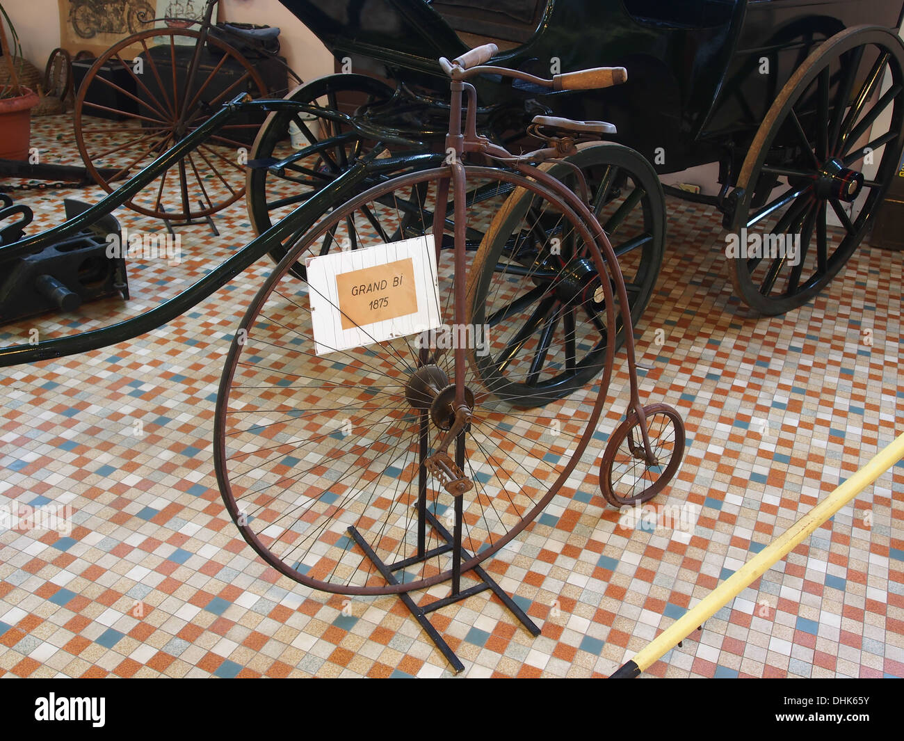The 1875 Grand Bi, a high-wheel bicycle, is displayed at the Museum of ...