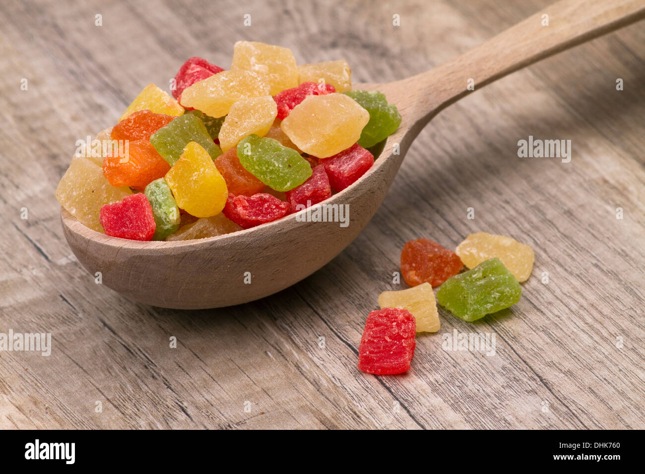 different dried fruits in wooden spoon on table Stock Photo - Alamy