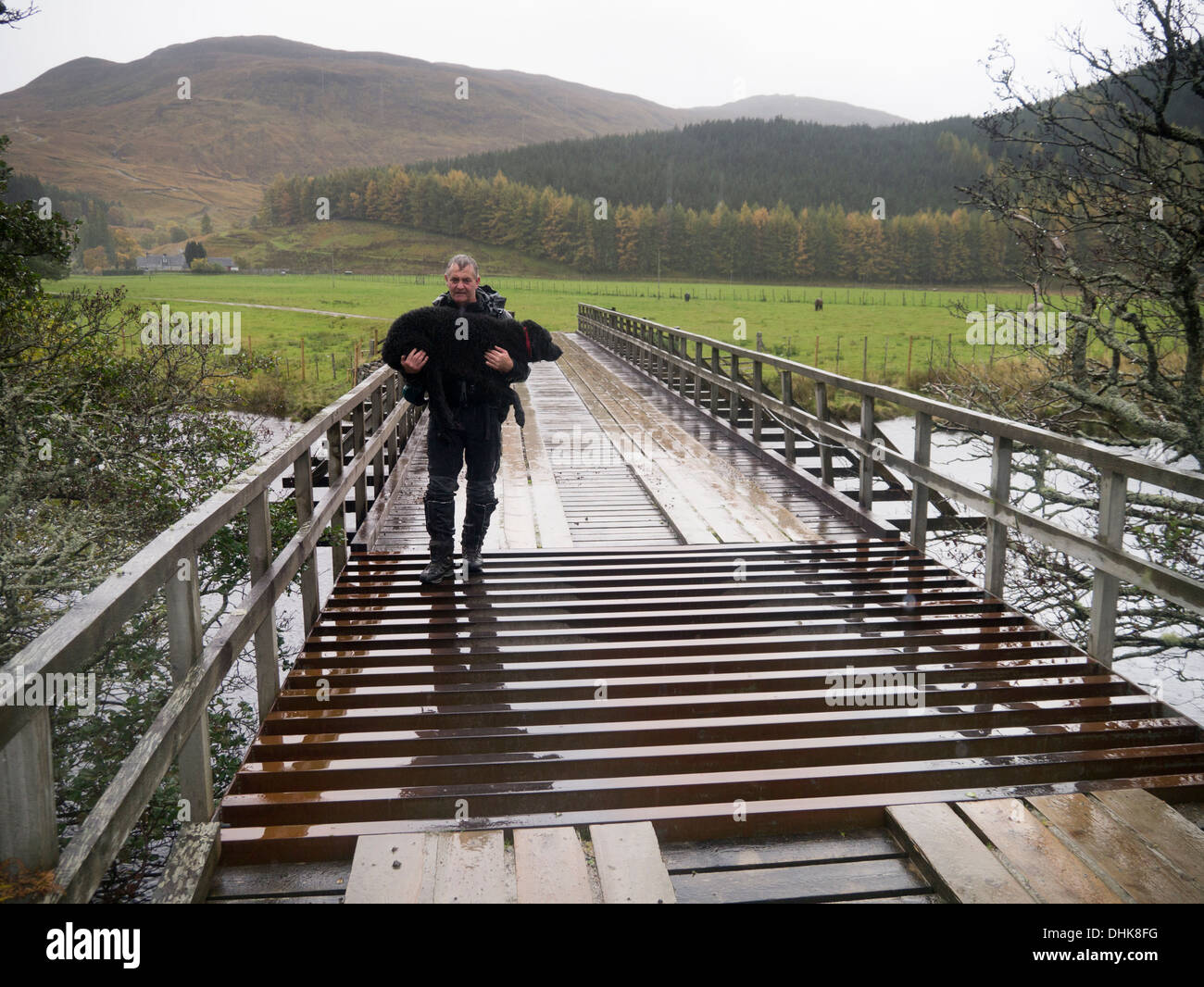 A man carrying a curly coated retriever over a cattle grid on a bridge ...