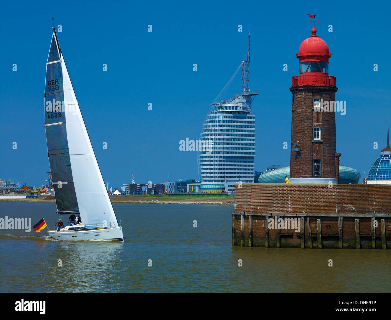Lighthouse at the Geestemünde with Atlantic Hotel Sail City, Klimahaus ...