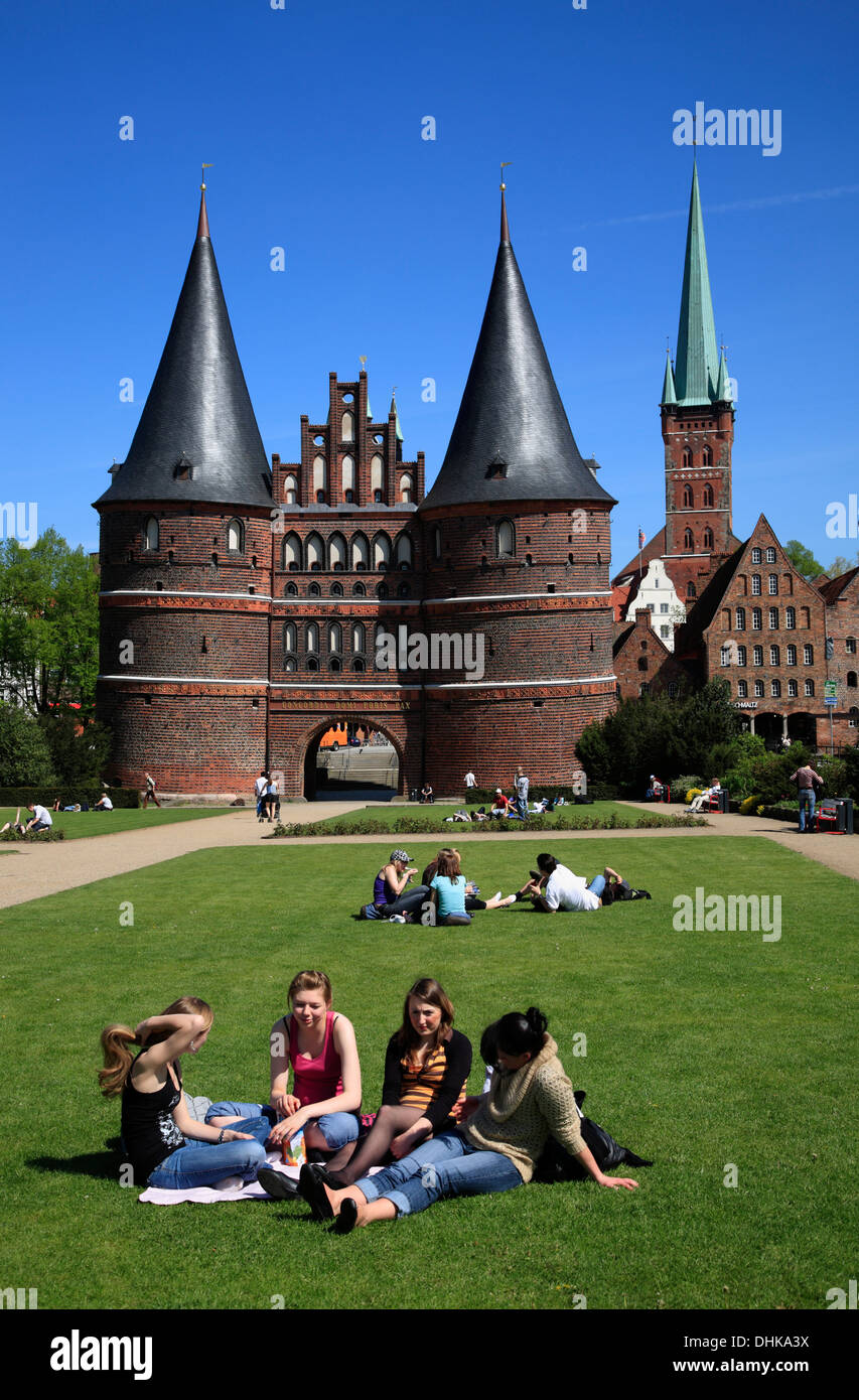 Holstentor, Holsten Gate and Petrikirche, Hanseatic town Lubeck ...
