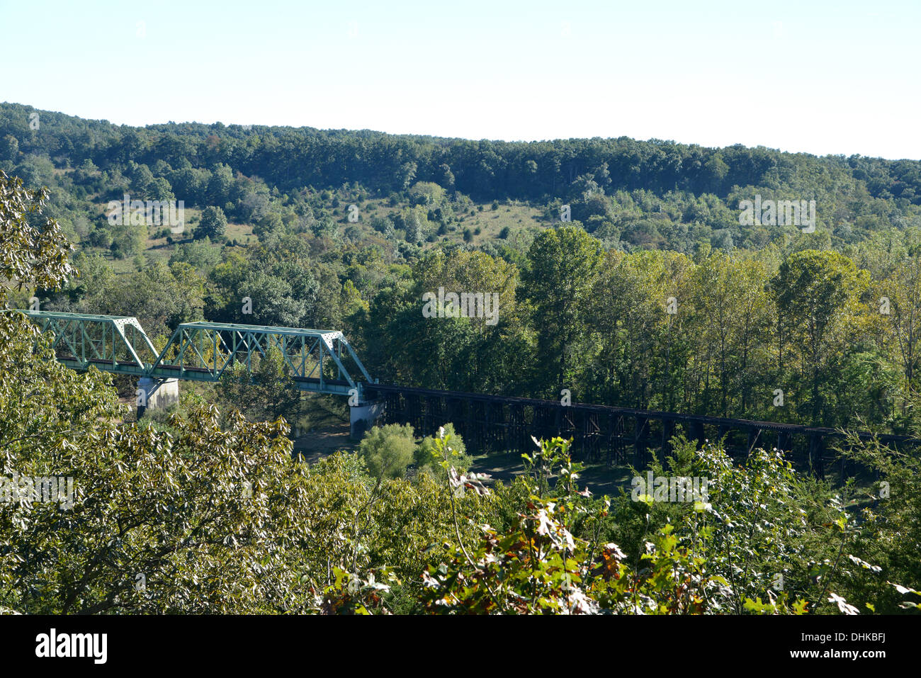 Old truss girder box bridge carries a rail track through thick woodland ...