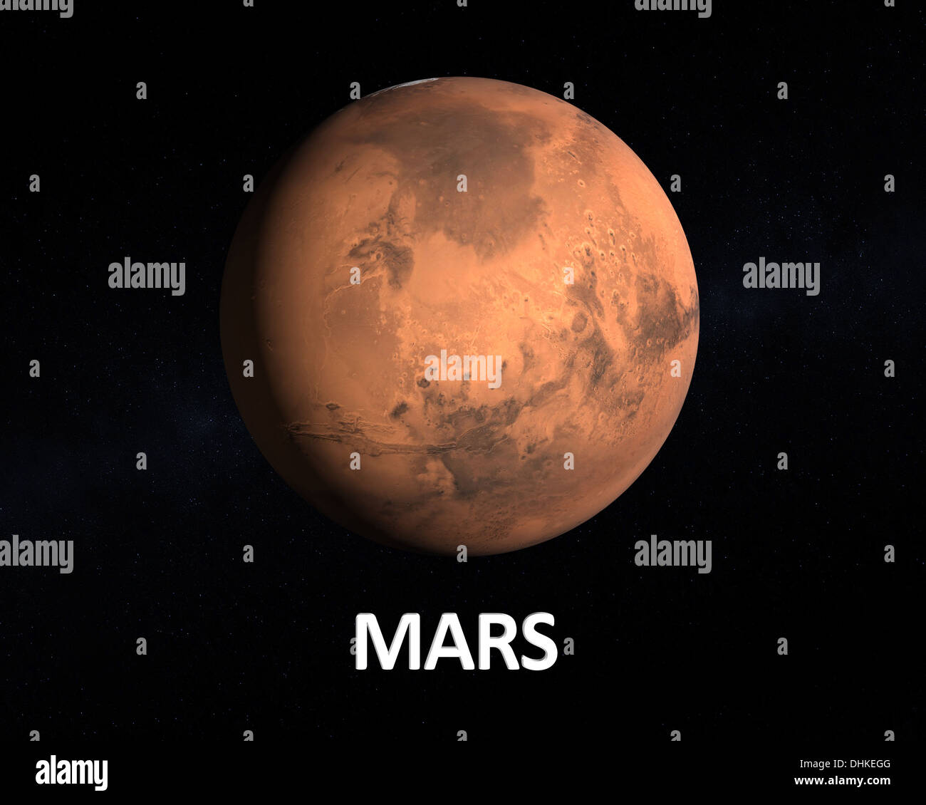 A rendering of the Planet Mars on a starry background with english ...