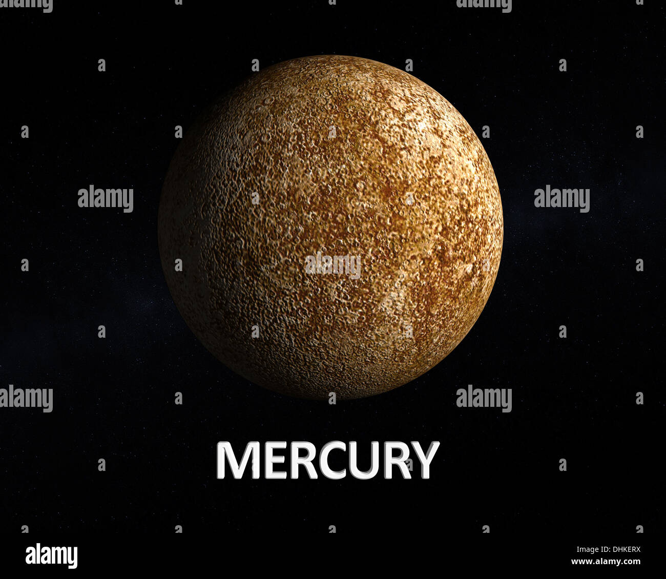 A rendering of the Planet Mercury on a slightly starry background with ...