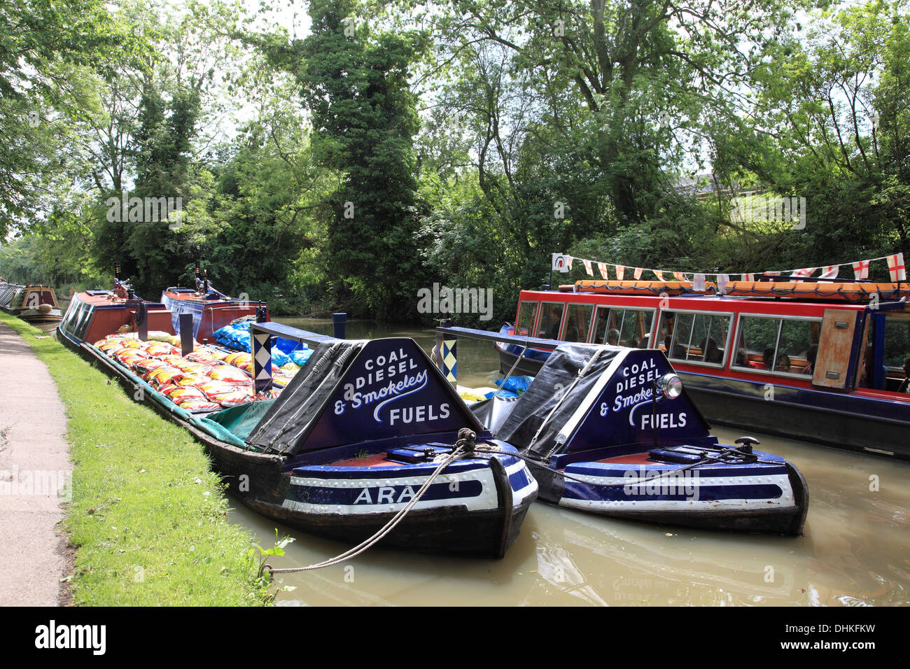 Two historic coal carrying narrowboats moored on the Grand Union Canal ...