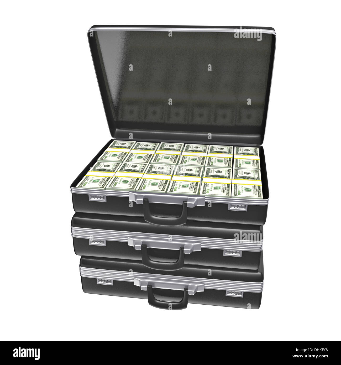 Black case with money - isolated on white background. 3d rendering ...