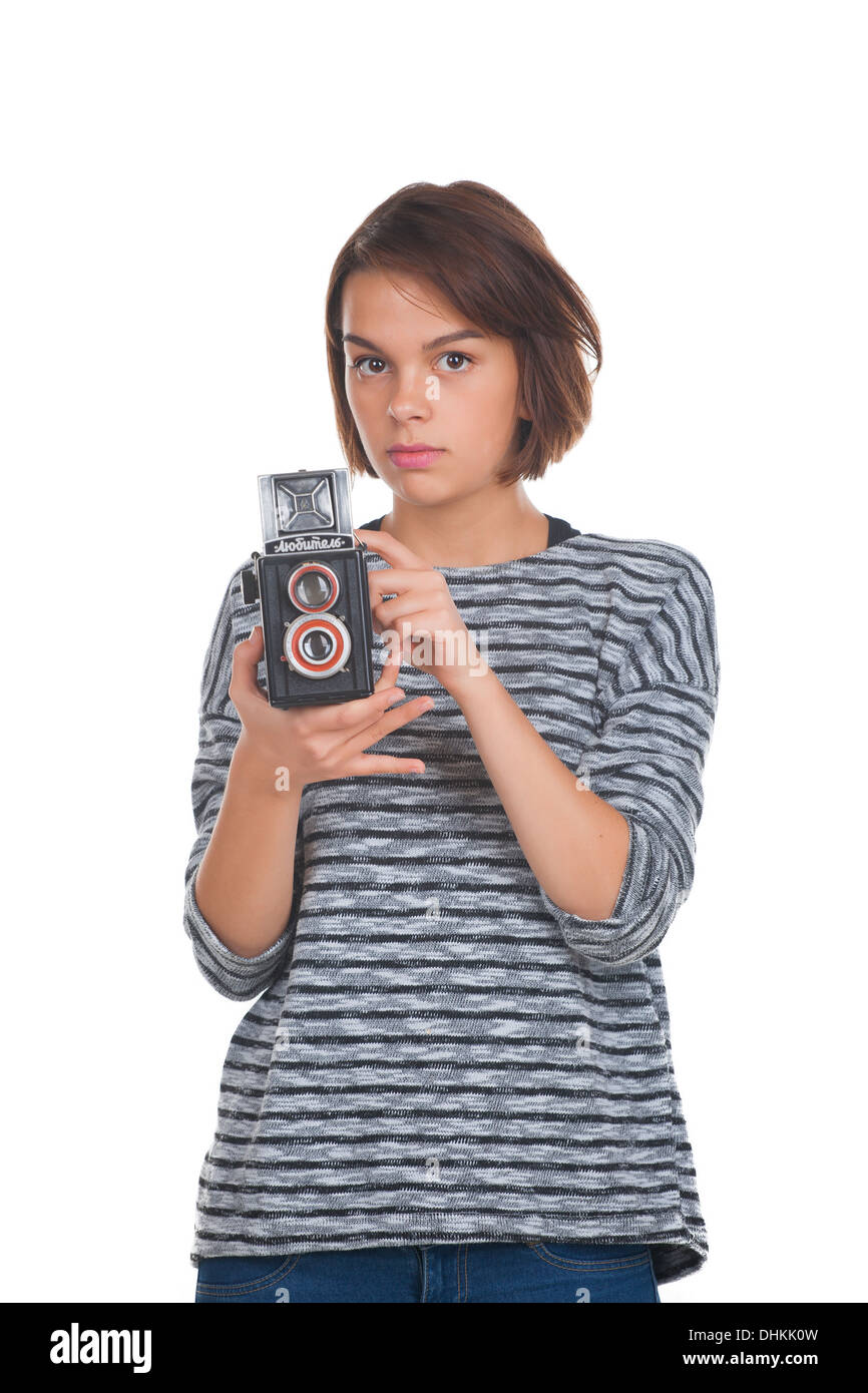Lovely teenage girl with retro photo camera Stock Photo - Alamy