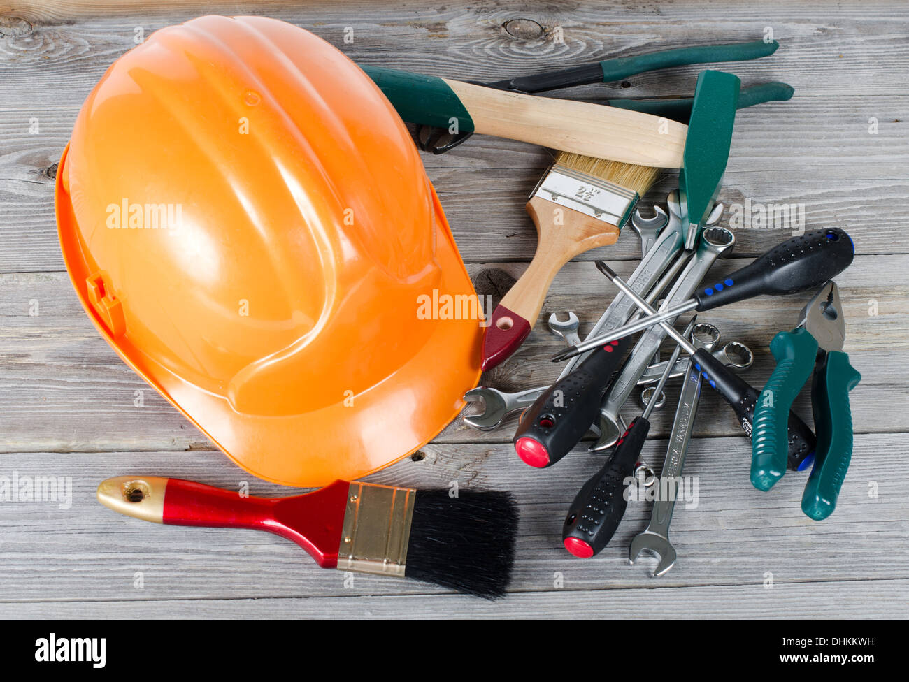 Set building tools on old boards Stock Photo - Alamy