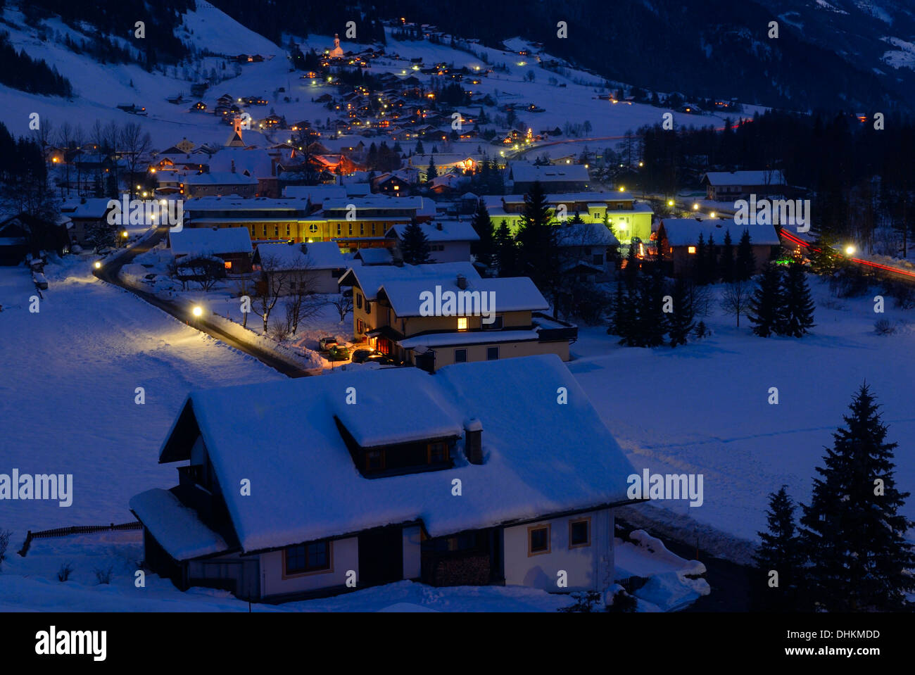 The alpine village of Grosskirchheim at dusk in winter Hohe Tauern ...