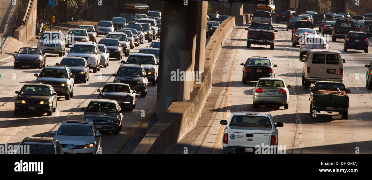 Traffic on the Harbor Freeway (110) downtown Los Angeles, California ...