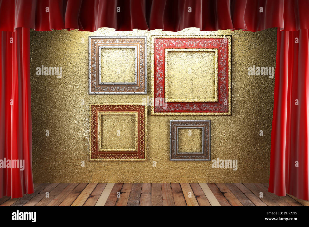 red fabric curtain with frames Stock Photo - Alamy