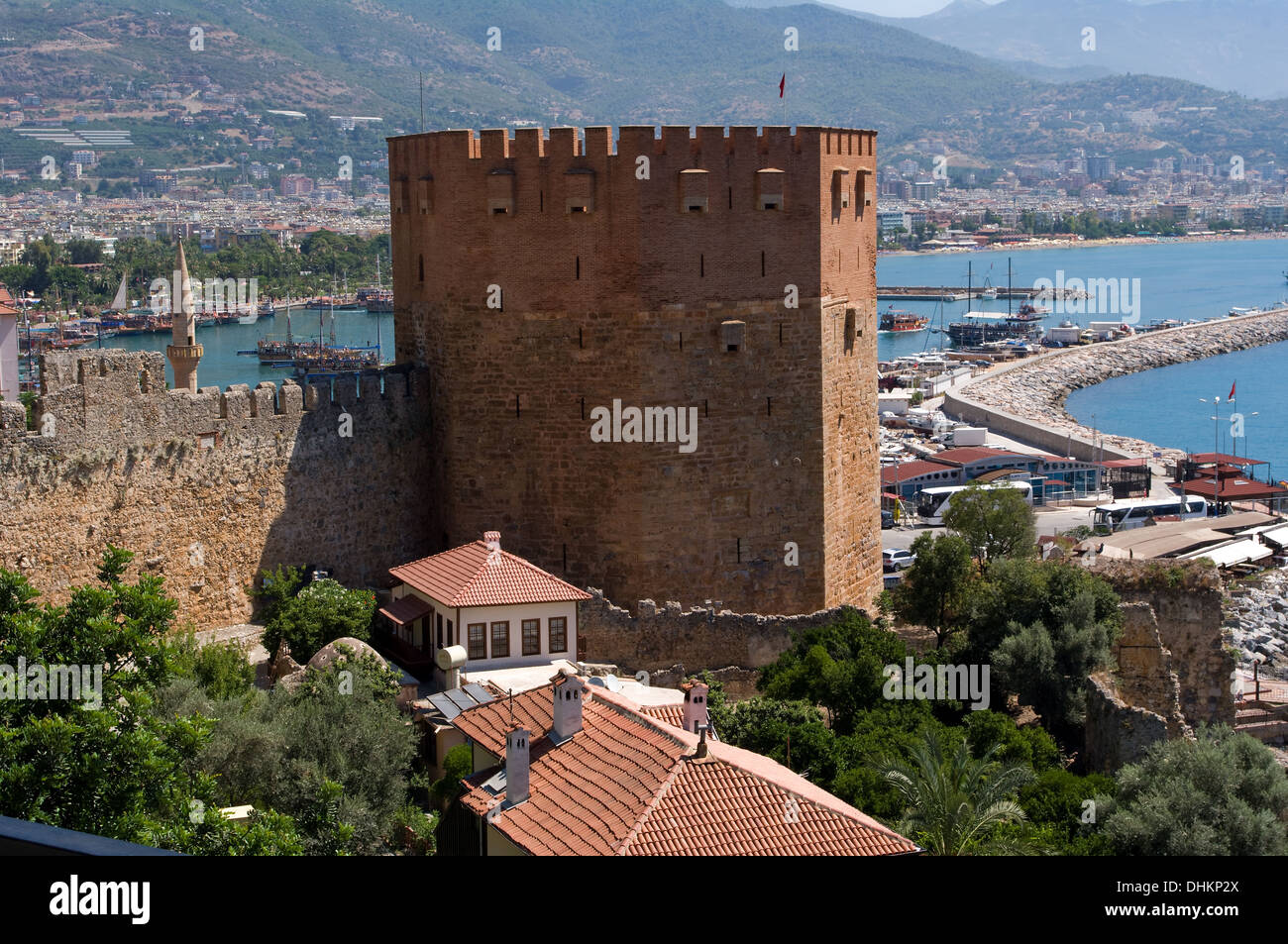 Red Tower and ruins of Byzantine, Seljuk and Ottoman fortress in Alanya ...