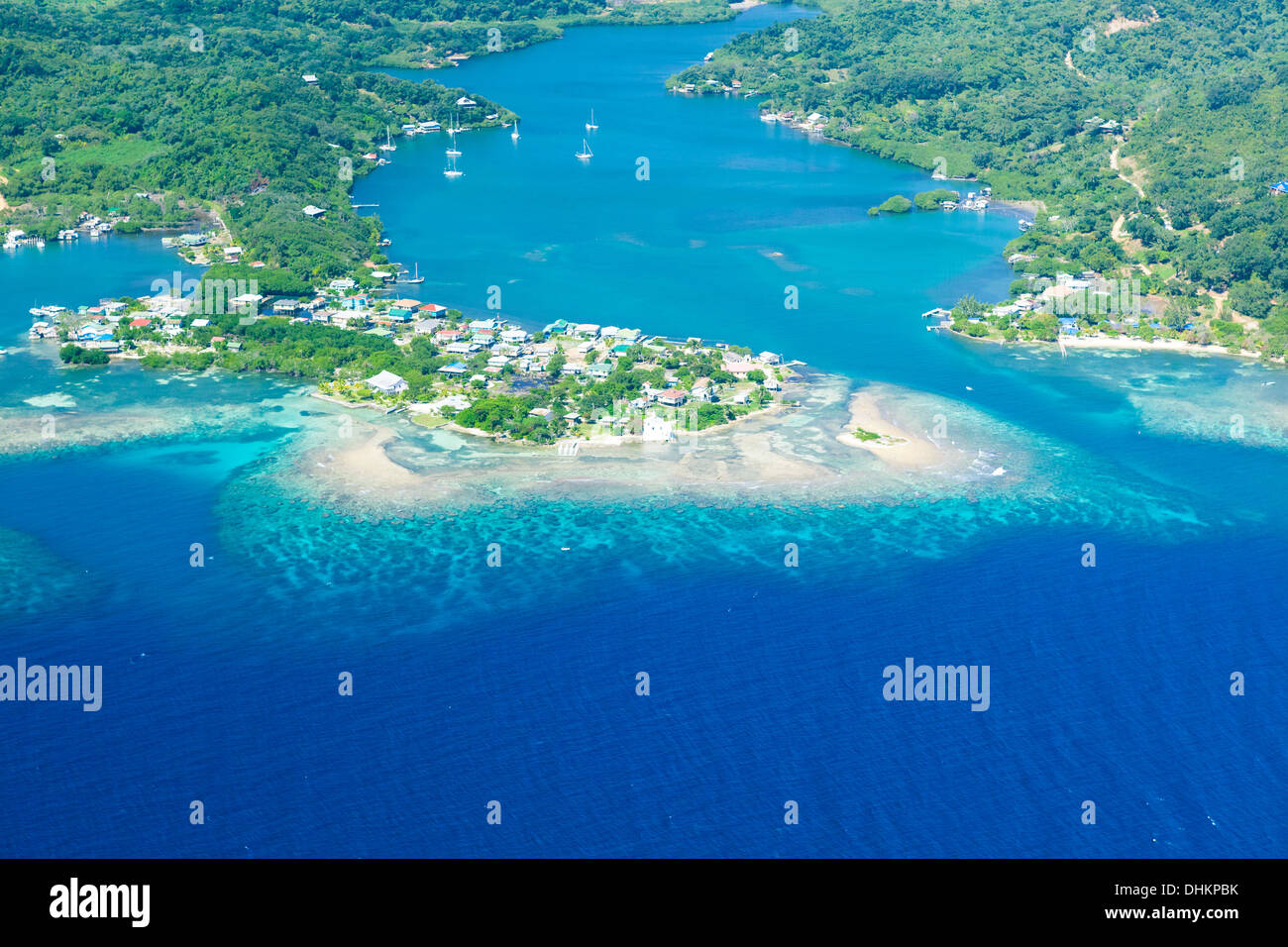 Aerial photo of the town of Calabash Bight, Roatan, Honduras Stock ...