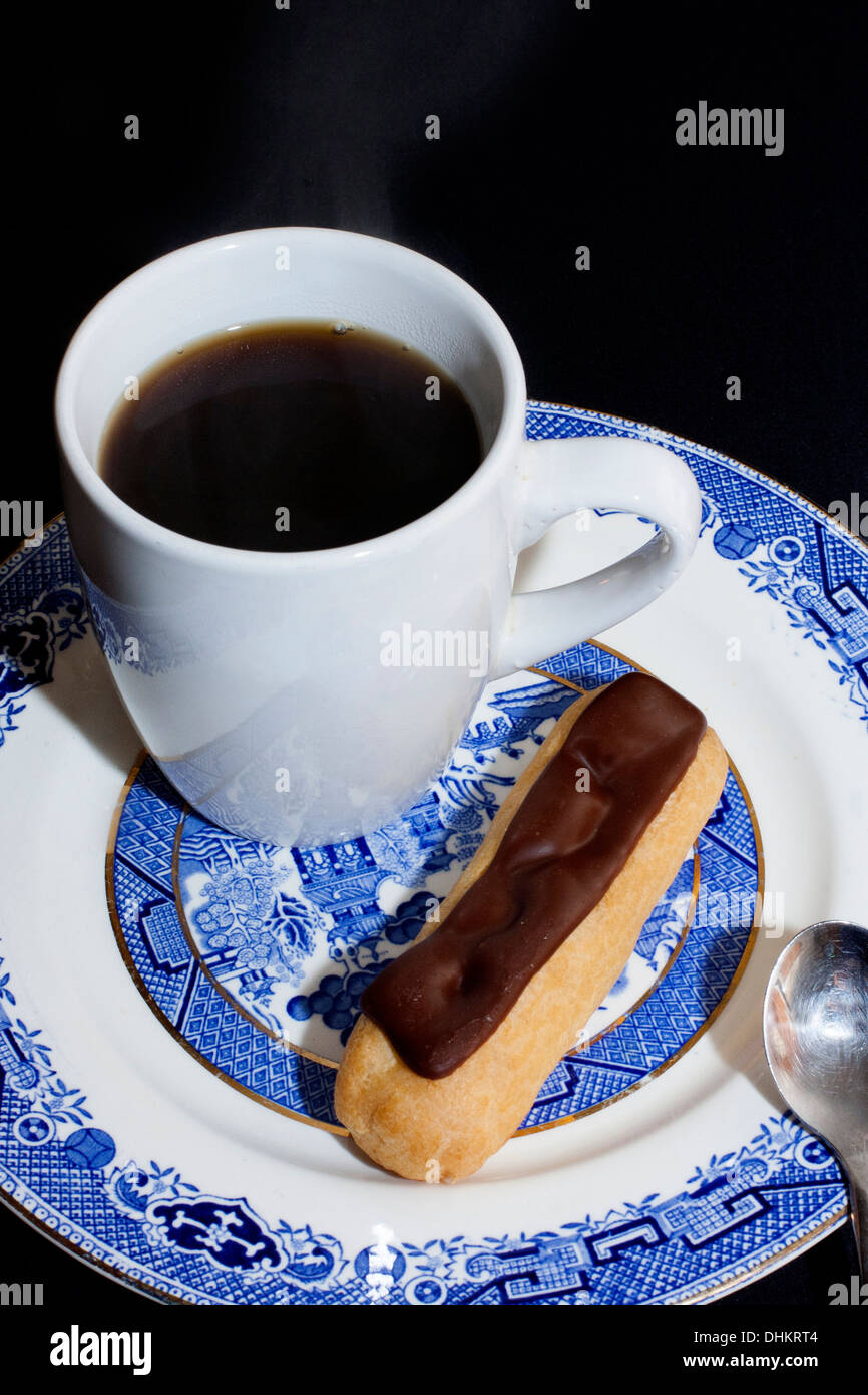 Coffee, Cup, Plate, Black background, Steam, Chocolate Eclair Stock ...