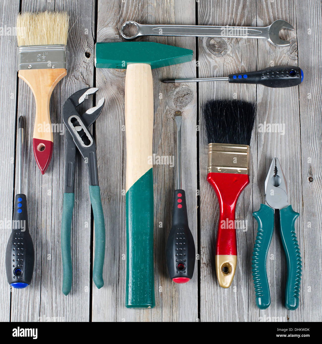 Set building tools on old boards Stock Photo - Alamy