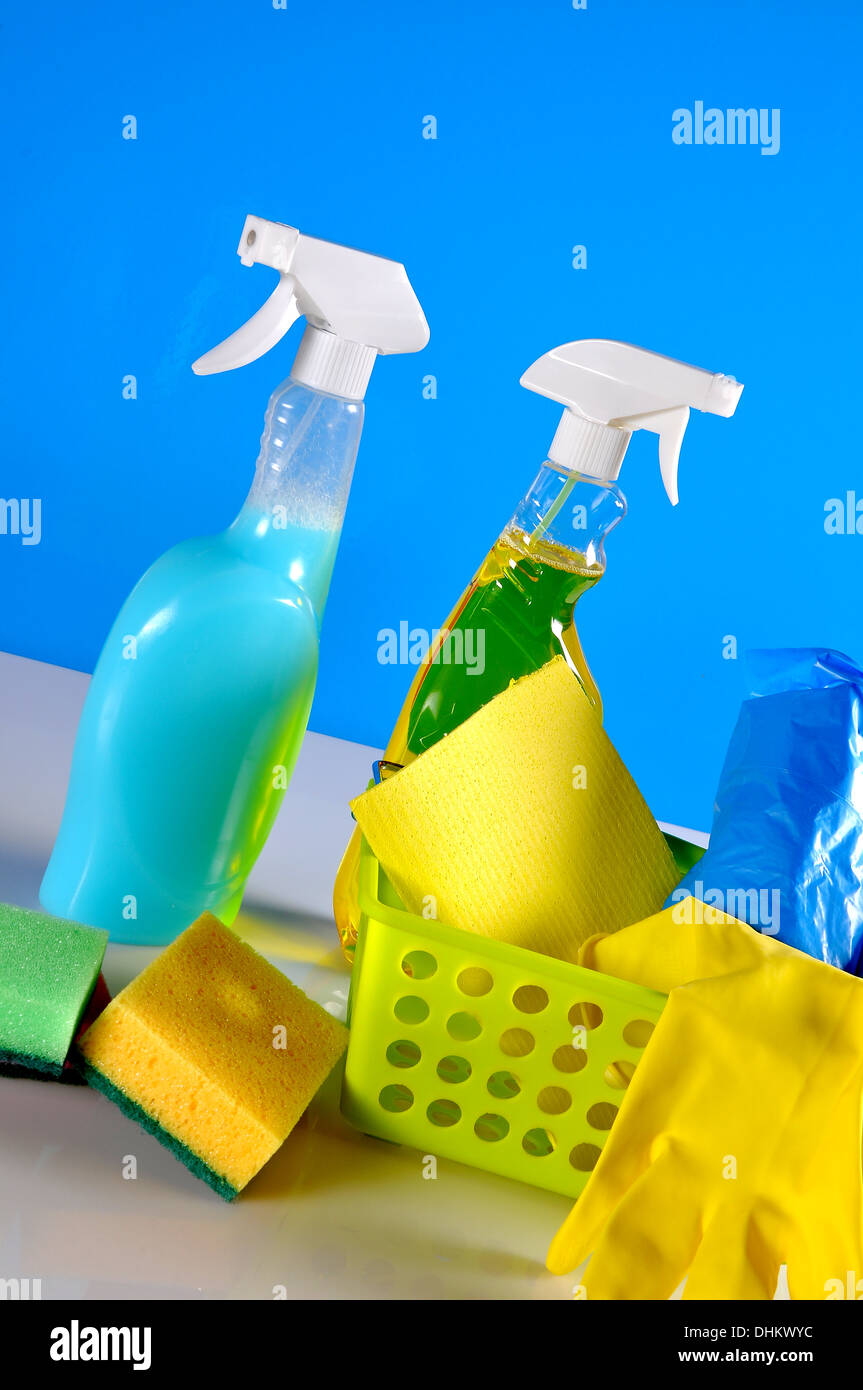 Wash and cleaning on blue background Stock Photo - Alamy