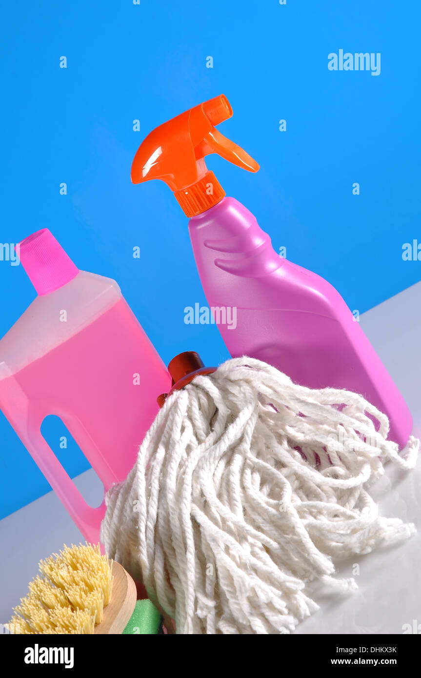 Wash and cleaning on blue background Stock Photo - Alamy