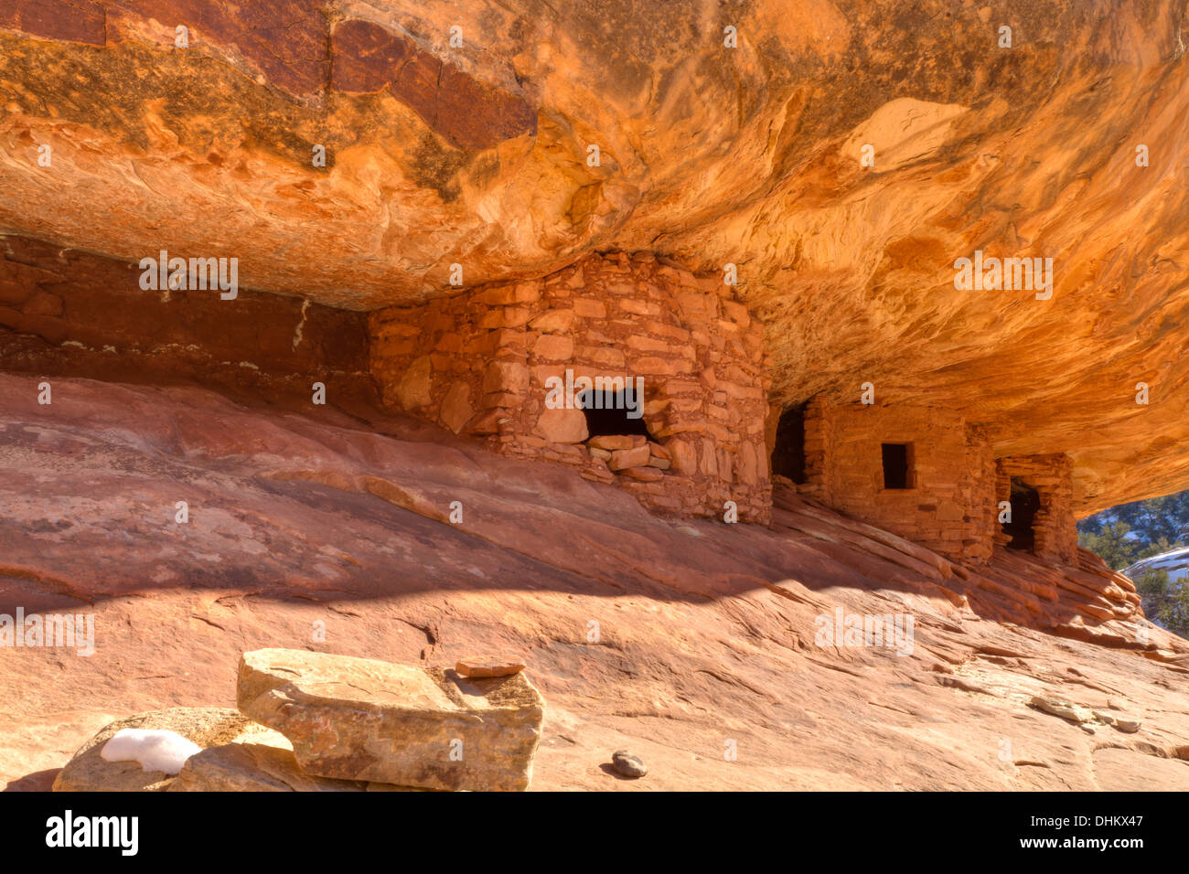 The 'House on Fire' Puebloan ruins under a cliff in Mule Canyon in the ...