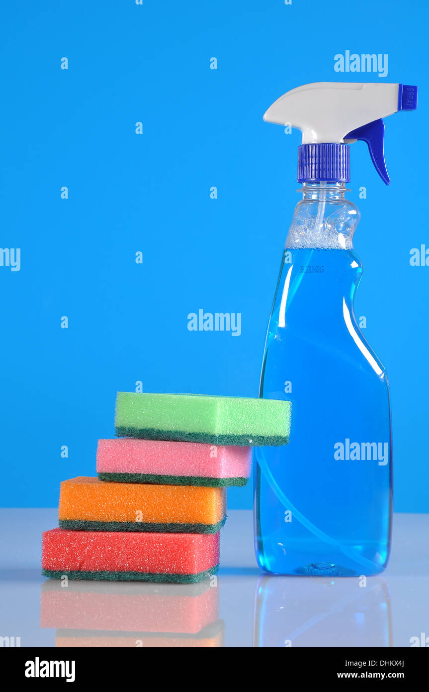 Wash and cleaning on blue background Stock Photo - Alamy