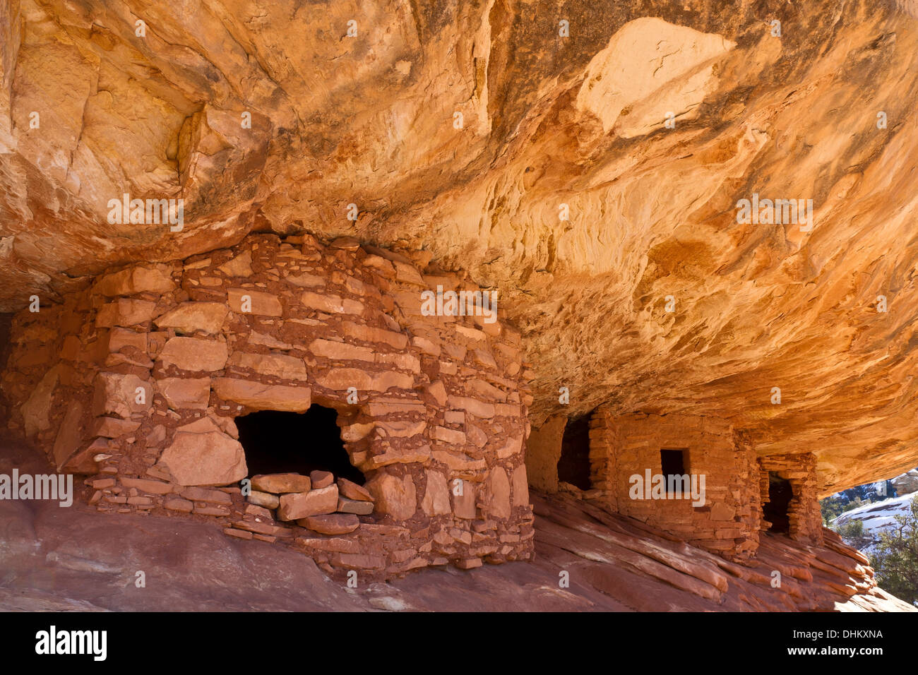 The 'House on Fire' Puebloan ruins under a cliff in Mule Canyon in the ...