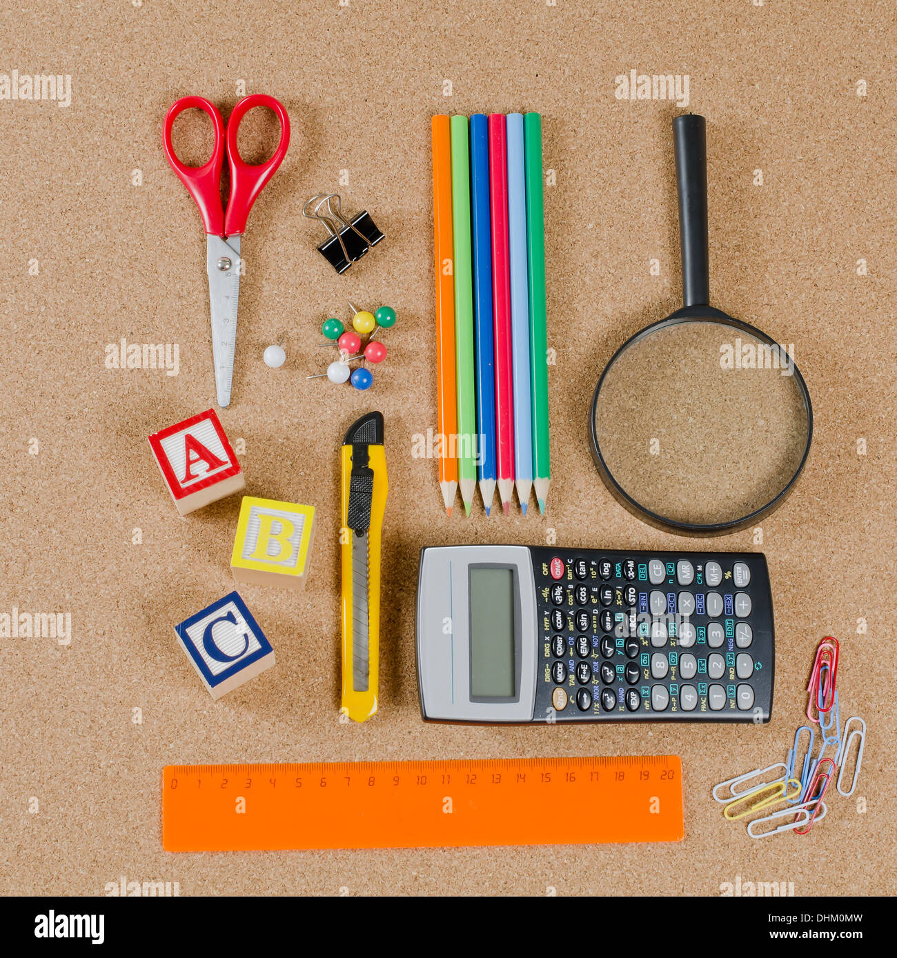 Various school accessories on сorkboard Stock Photo - Alamy