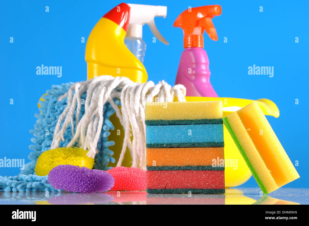 Wash and cleaning on blue background Stock Photo - Alamy