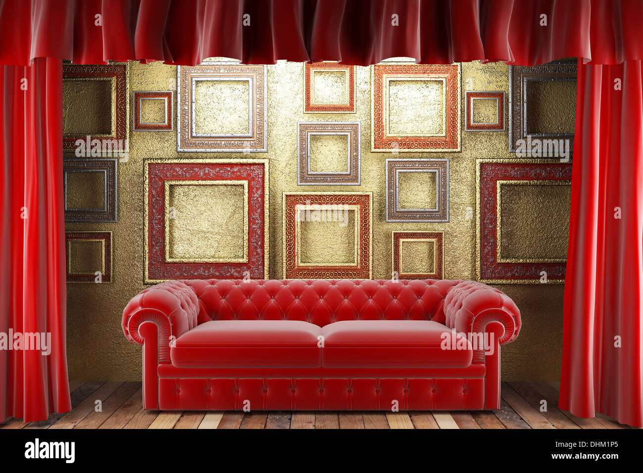 red fabric curtain with frames and sofa Stock Photo - Alamy