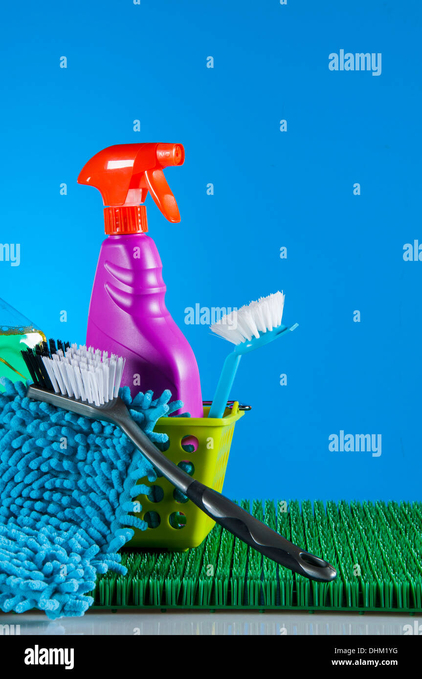 Wash and cleaning on blue background Stock Photo - Alamy
