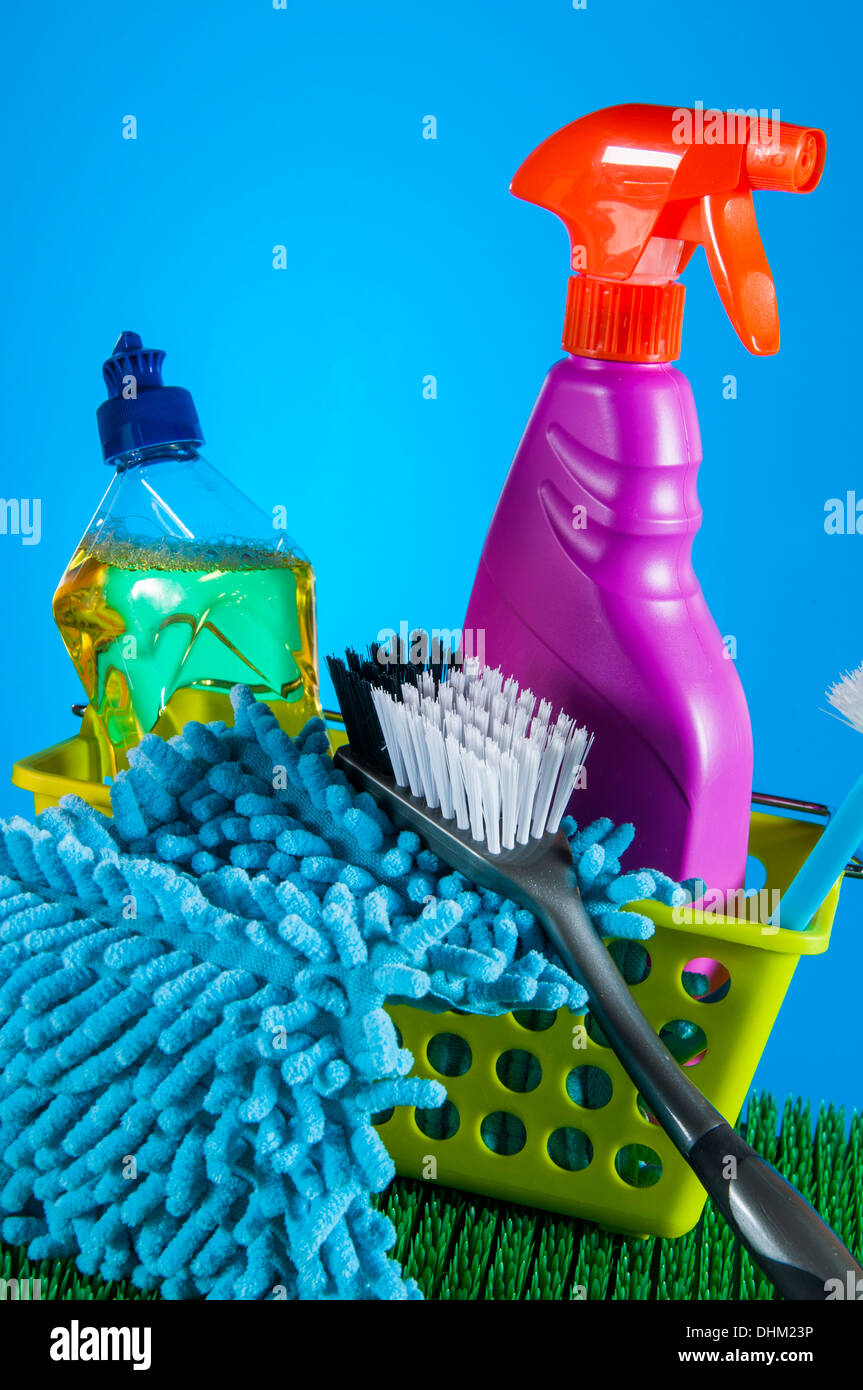 Wash and cleaning on blue background Stock Photo - Alamy
