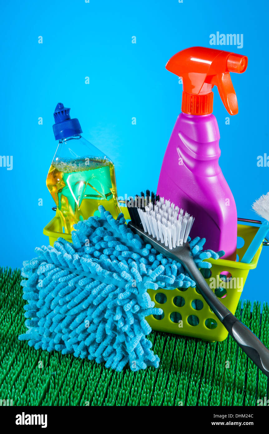 Wash and cleaning on blue background Stock Photo - Alamy