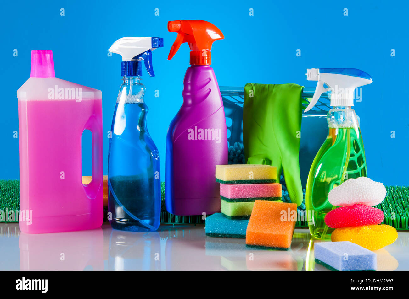 Wash and cleaning on blue background Stock Photo - Alamy