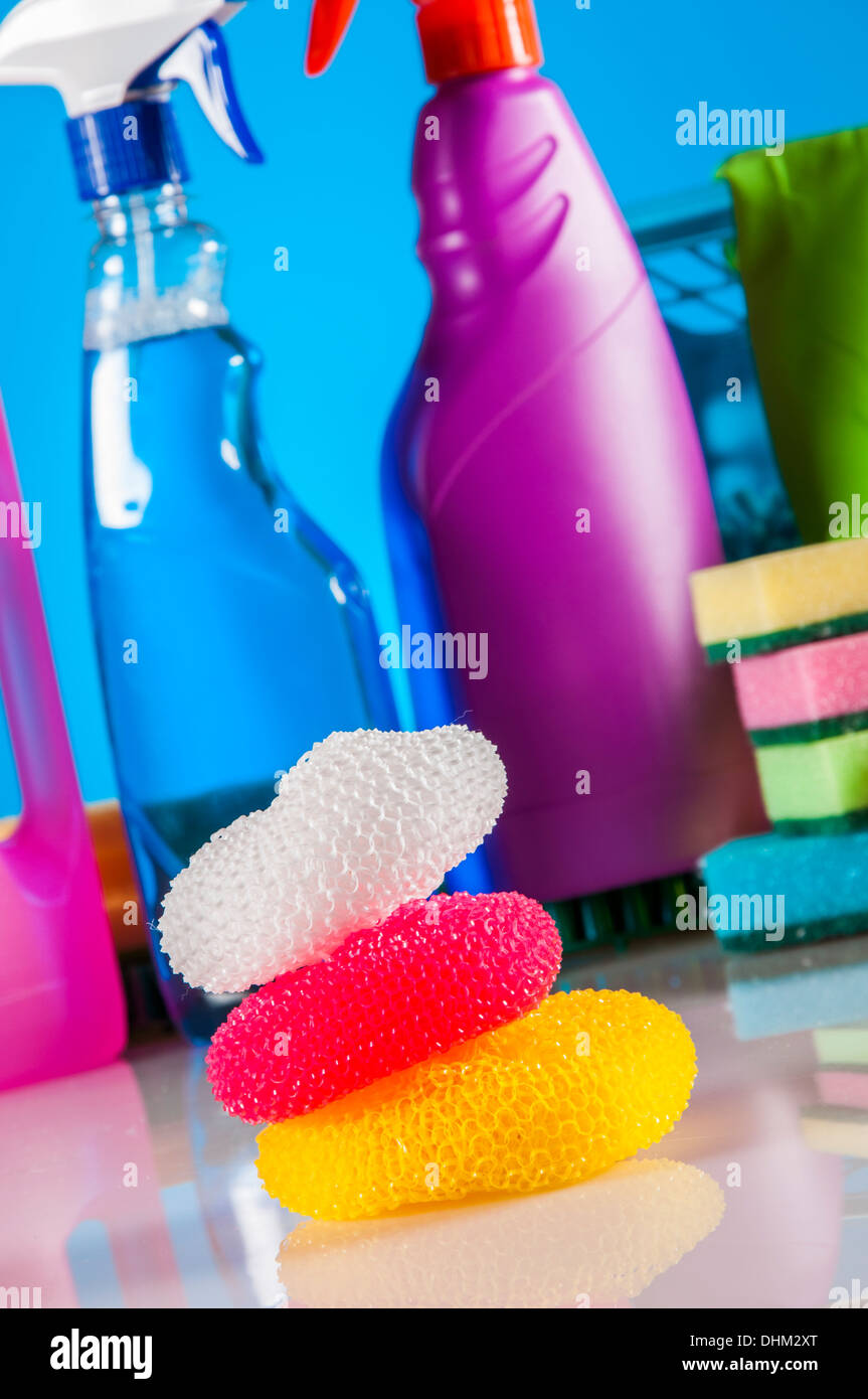 Wash and cleaning on blue background Stock Photo - Alamy