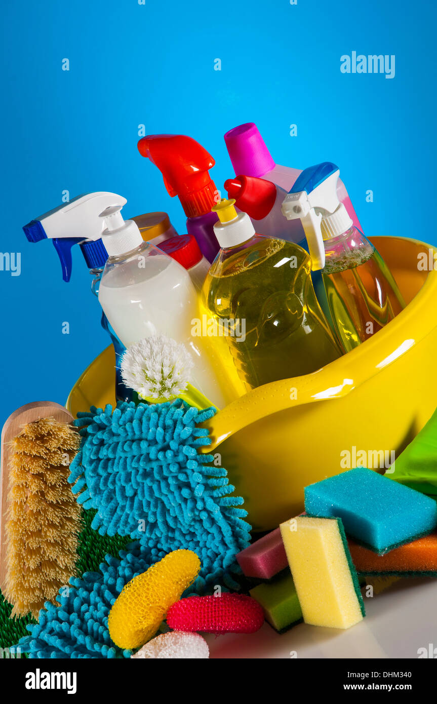Wash and cleaning on blue background Stock Photo - Alamy