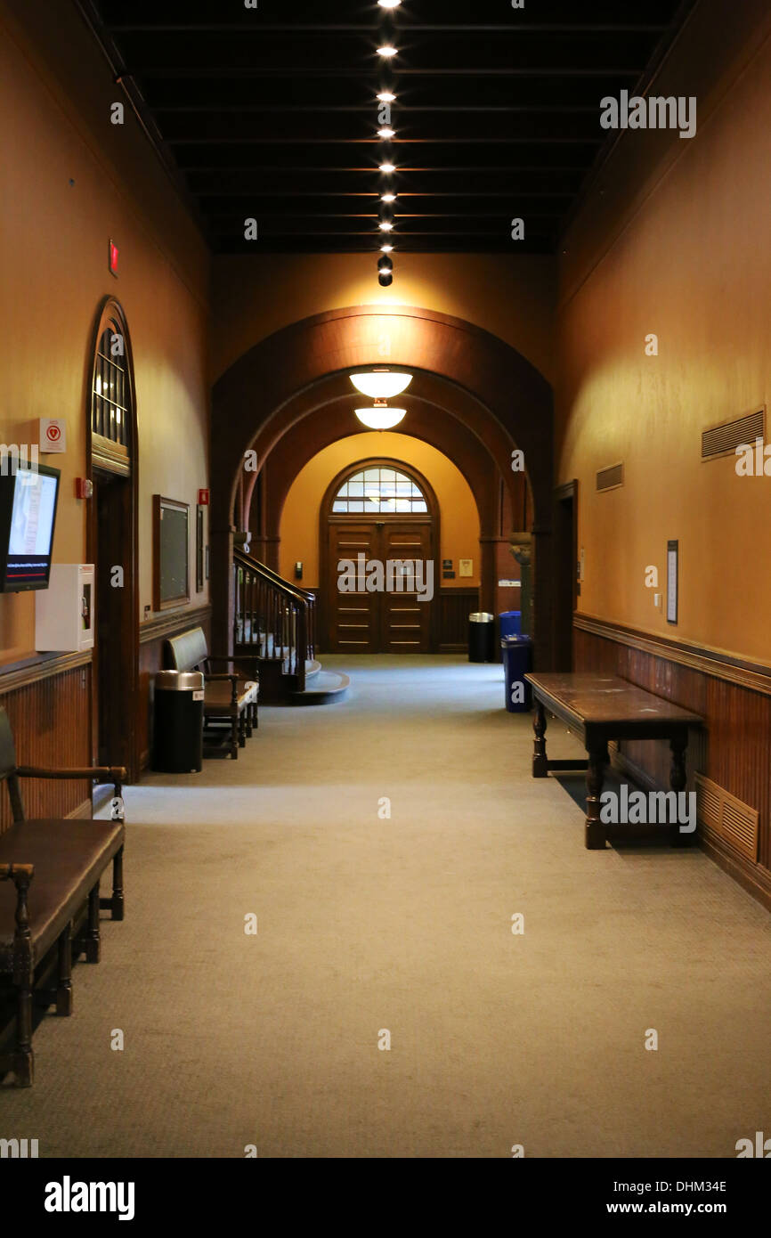 Hallway at Austin Hall, Romanesque Revival university building at ...