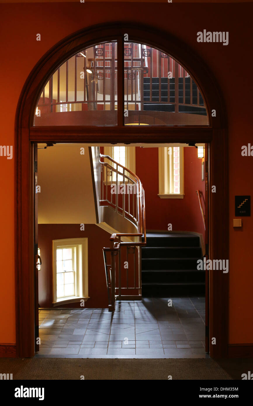 Staircase at Austin Hall, Romanesque Revival university building at ...