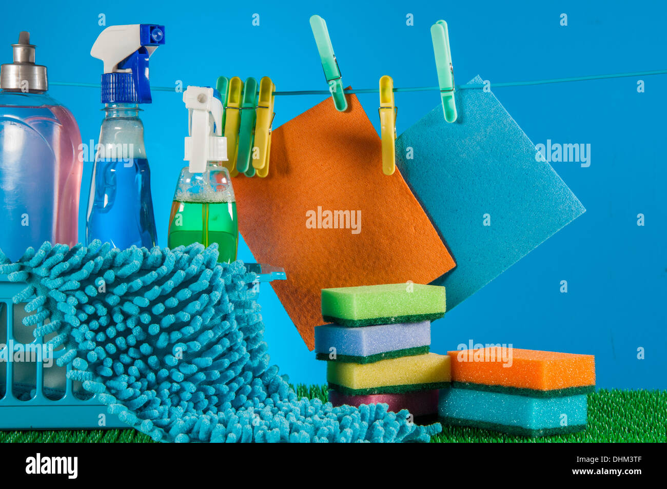 Wash and cleaning on blue background Stock Photo - Alamy