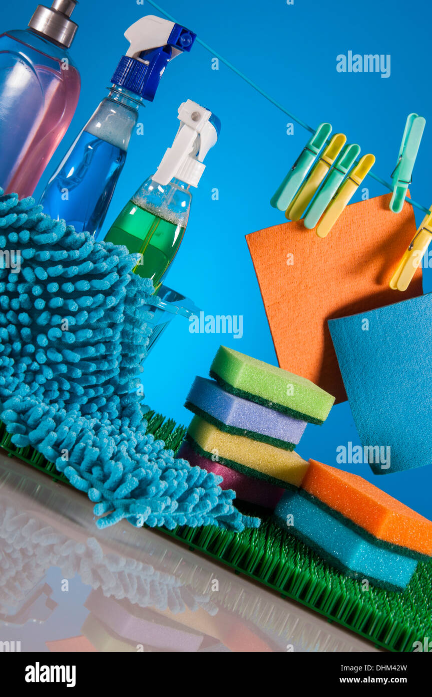 Wash and cleaning on blue background Stock Photo - Alamy
