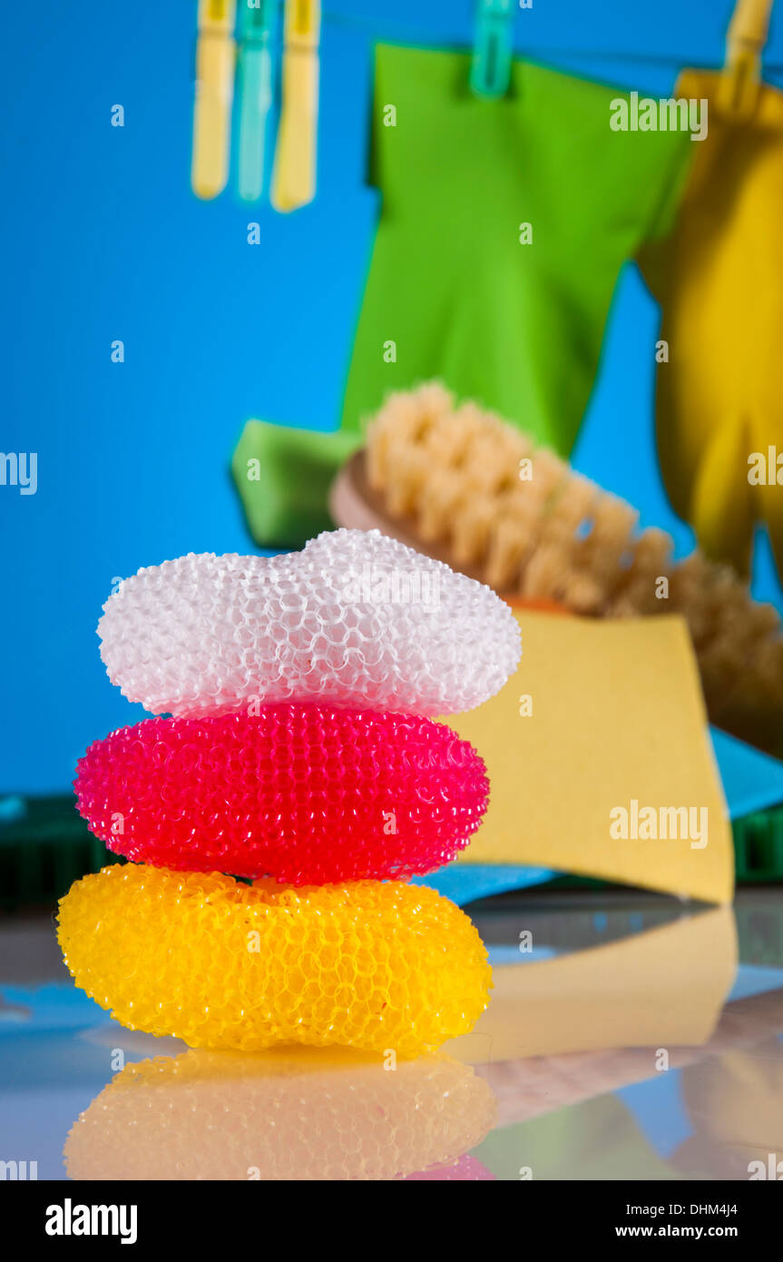 Wash and cleaning on blue background Stock Photo - Alamy