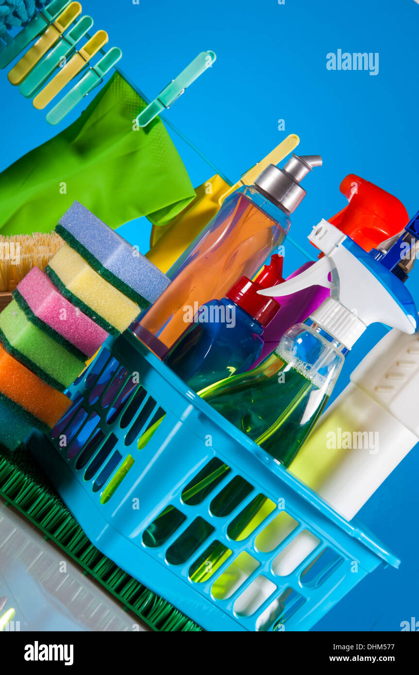 Wash and cleaning on blue background Stock Photo - Alamy