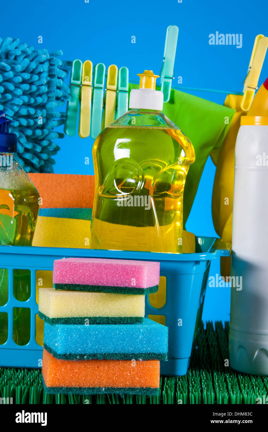 Wash and cleaning on blue background Stock Photo - Alamy