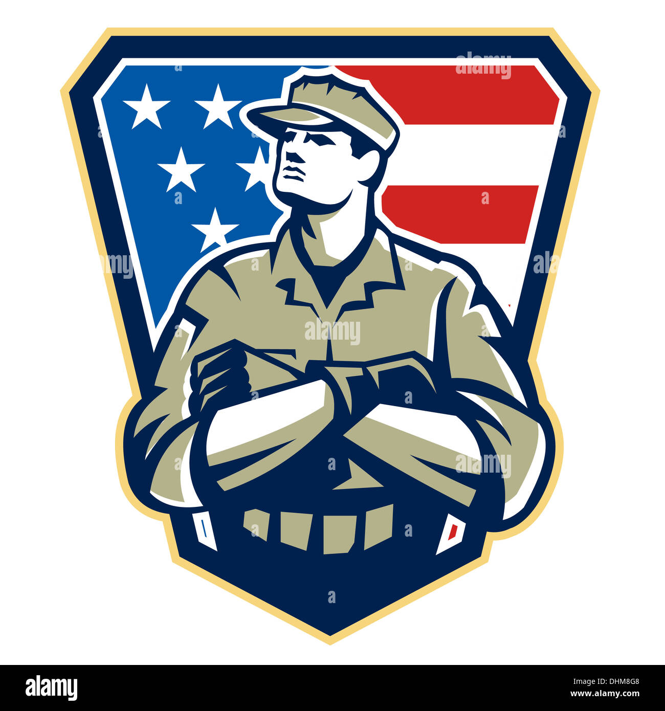 Illustration of an American solider military serviceman looking up with ...