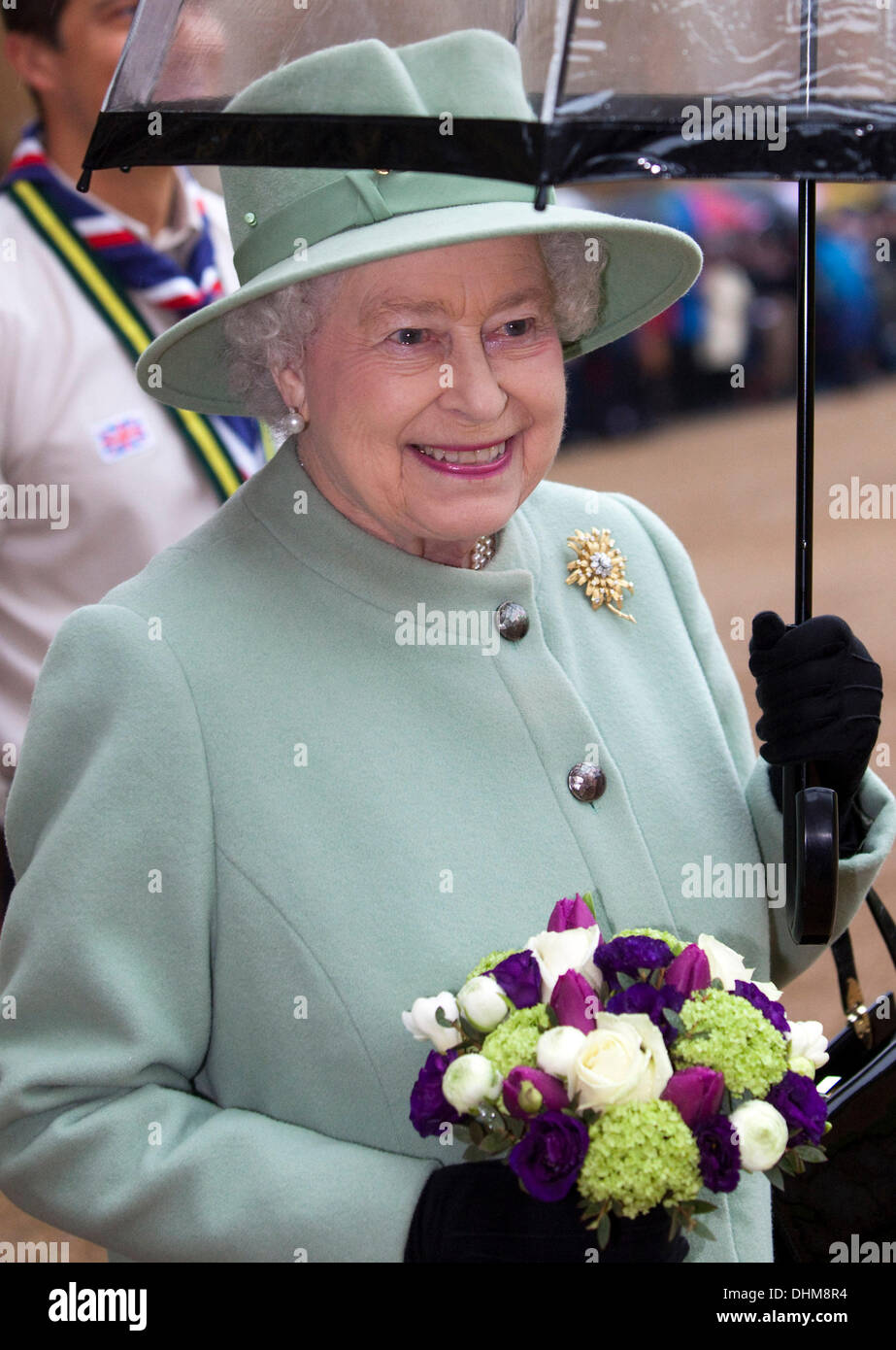 Queen Elizabeth II attends the Parade of Queen's Scouts during the 2012 ...