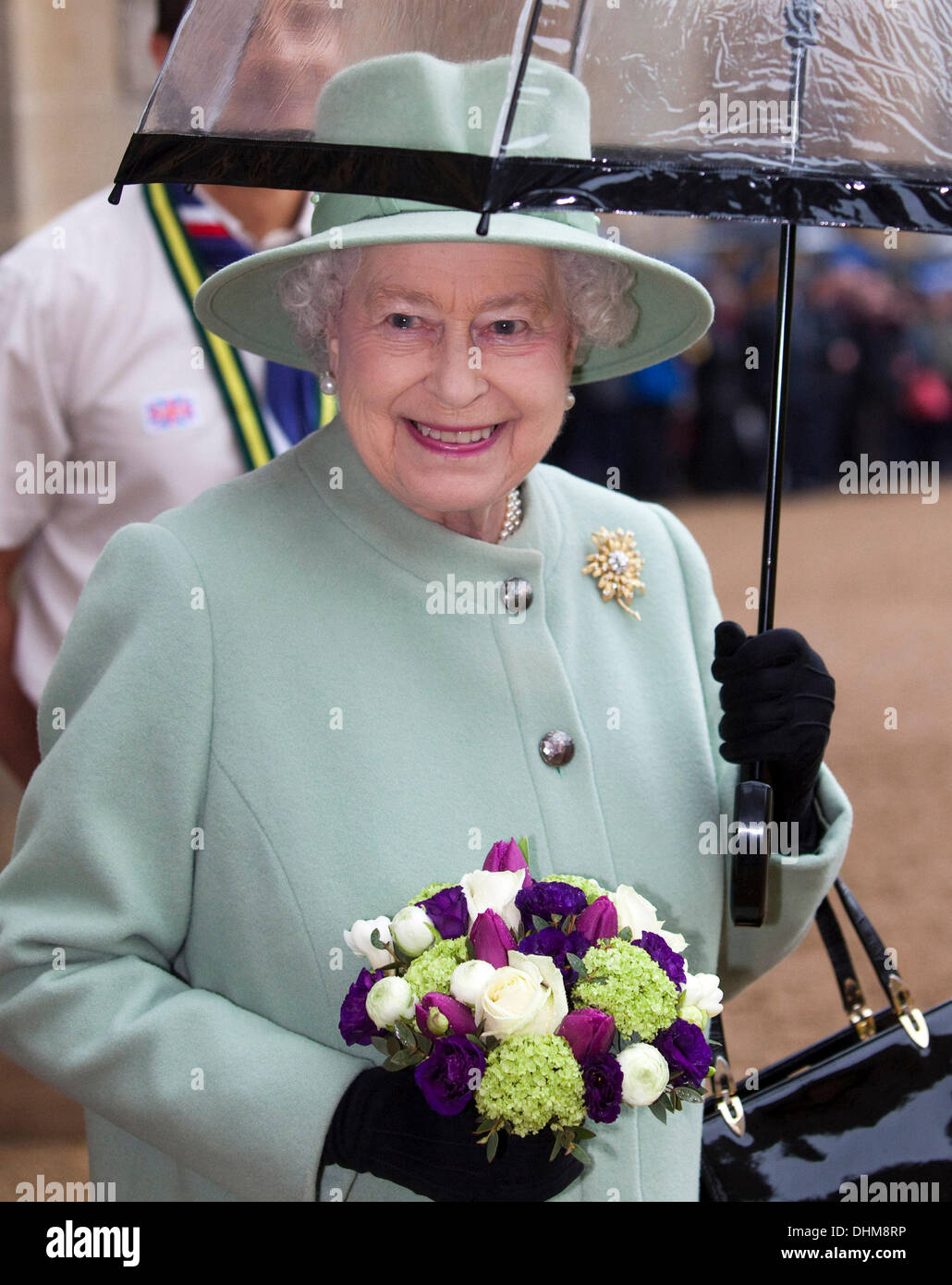 Queen Elizabeth II attends the Parade of Queen's Scouts during the 2012 ...