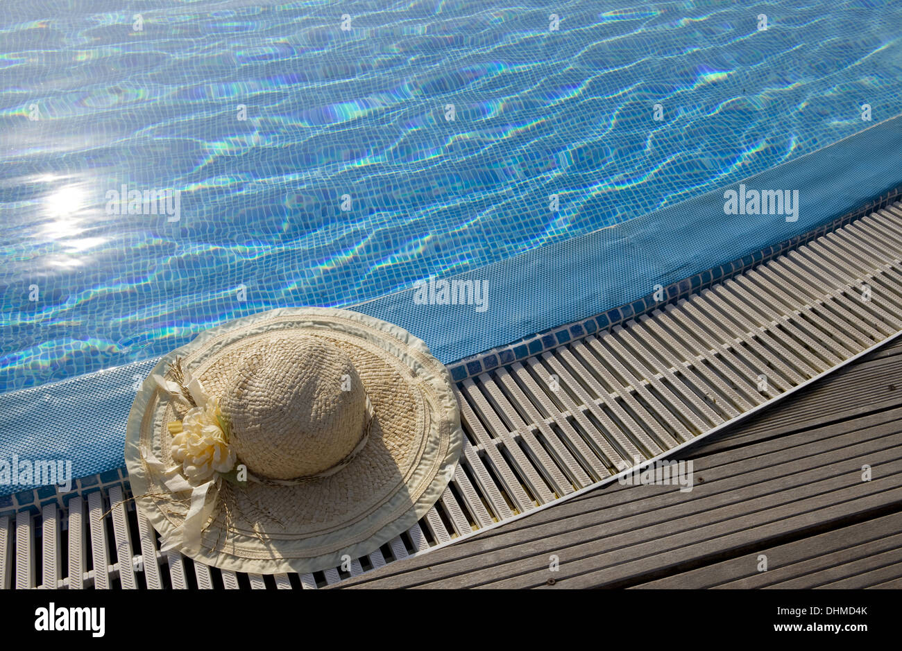 straw hat lies on the brink of pool Stock Photo - Alamy