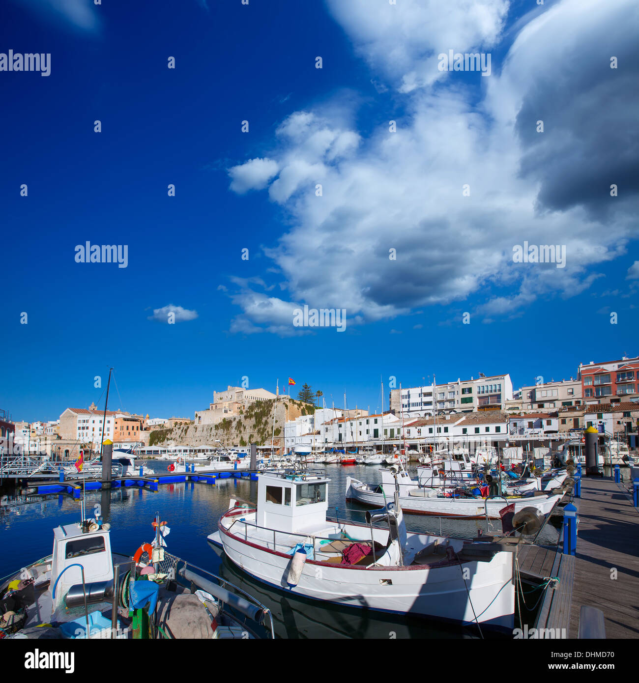Ciutadella Menorca marina Port view and Ayuntamiento Town hall Balearic ...