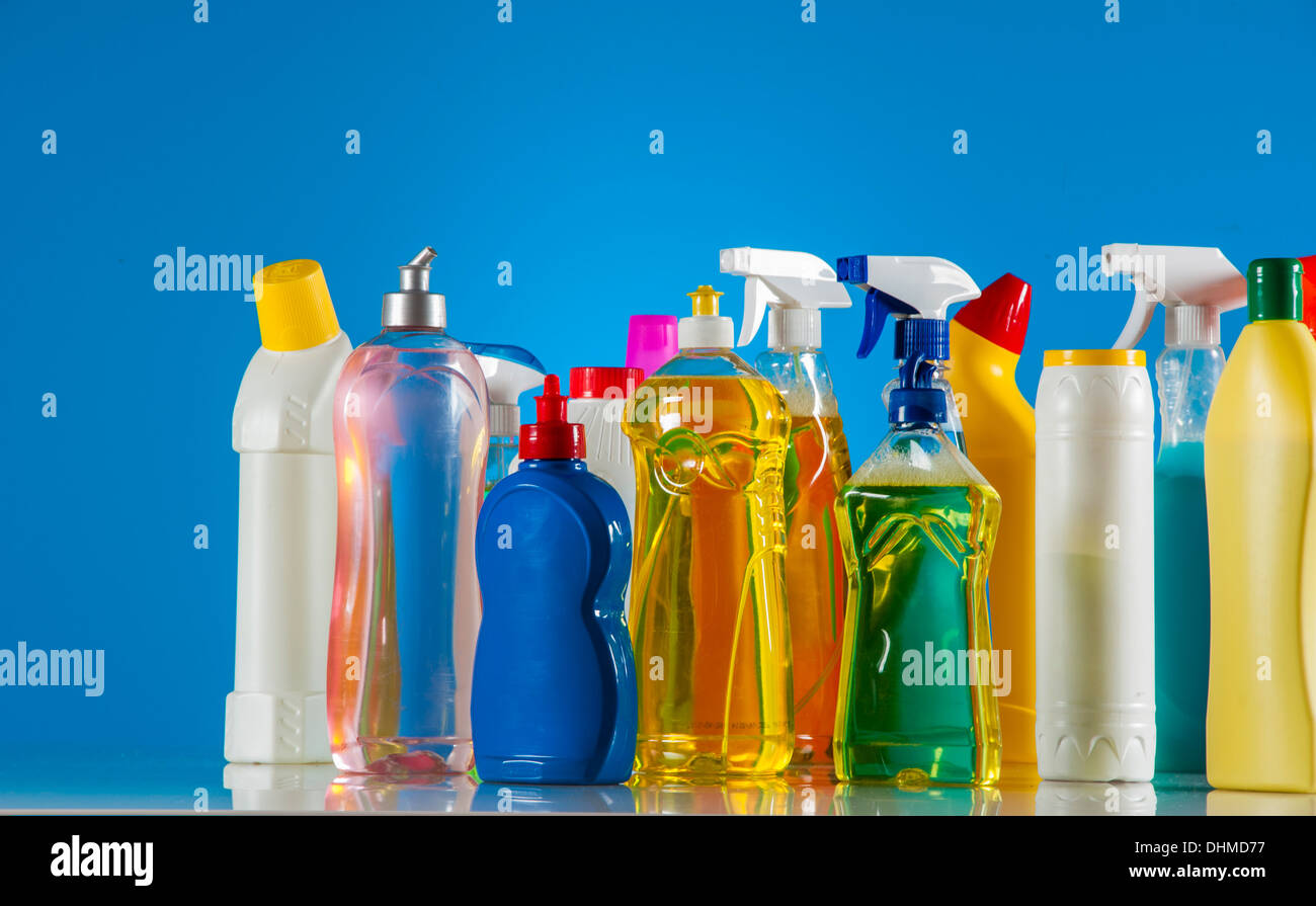 Wash and cleaning on blue background Stock Photo - Alamy