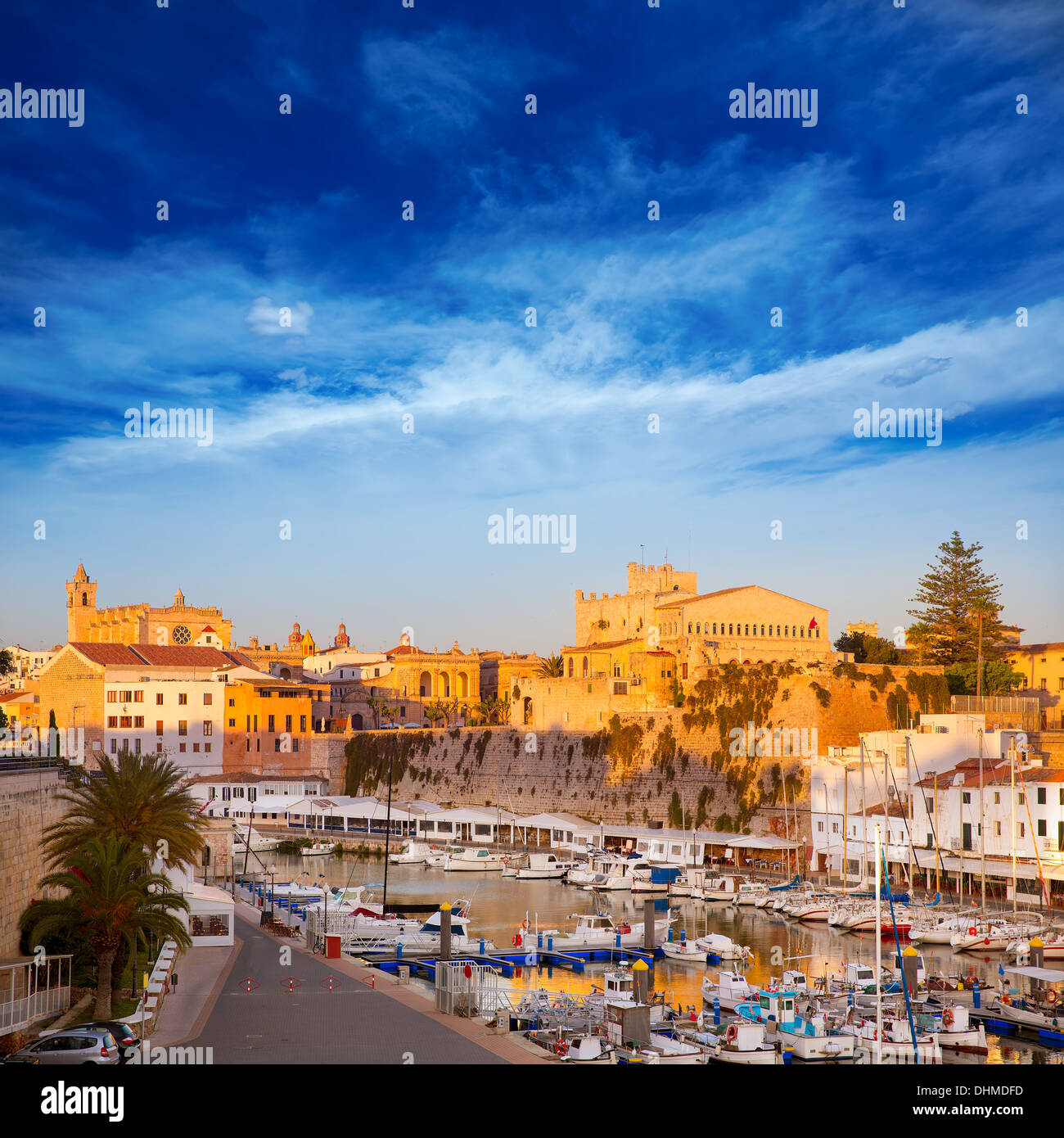 Ciutadella Menorca marina boats Port with town hall and cathedral in ...