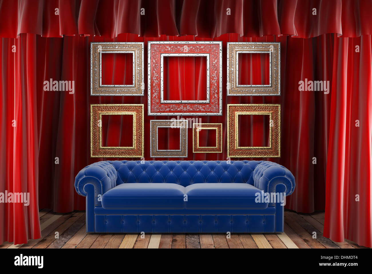 red fabric curtain with frames and sofa Stock Photo - Alamy