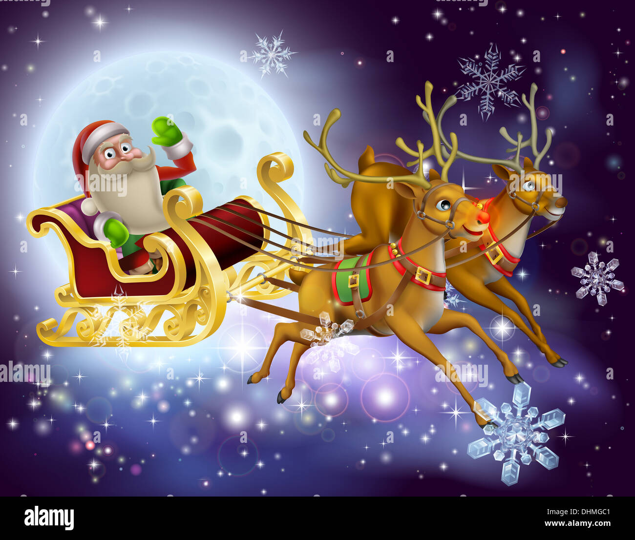 Santa Claus Sleigh Christmas Scene Of Flying Through The Air On His