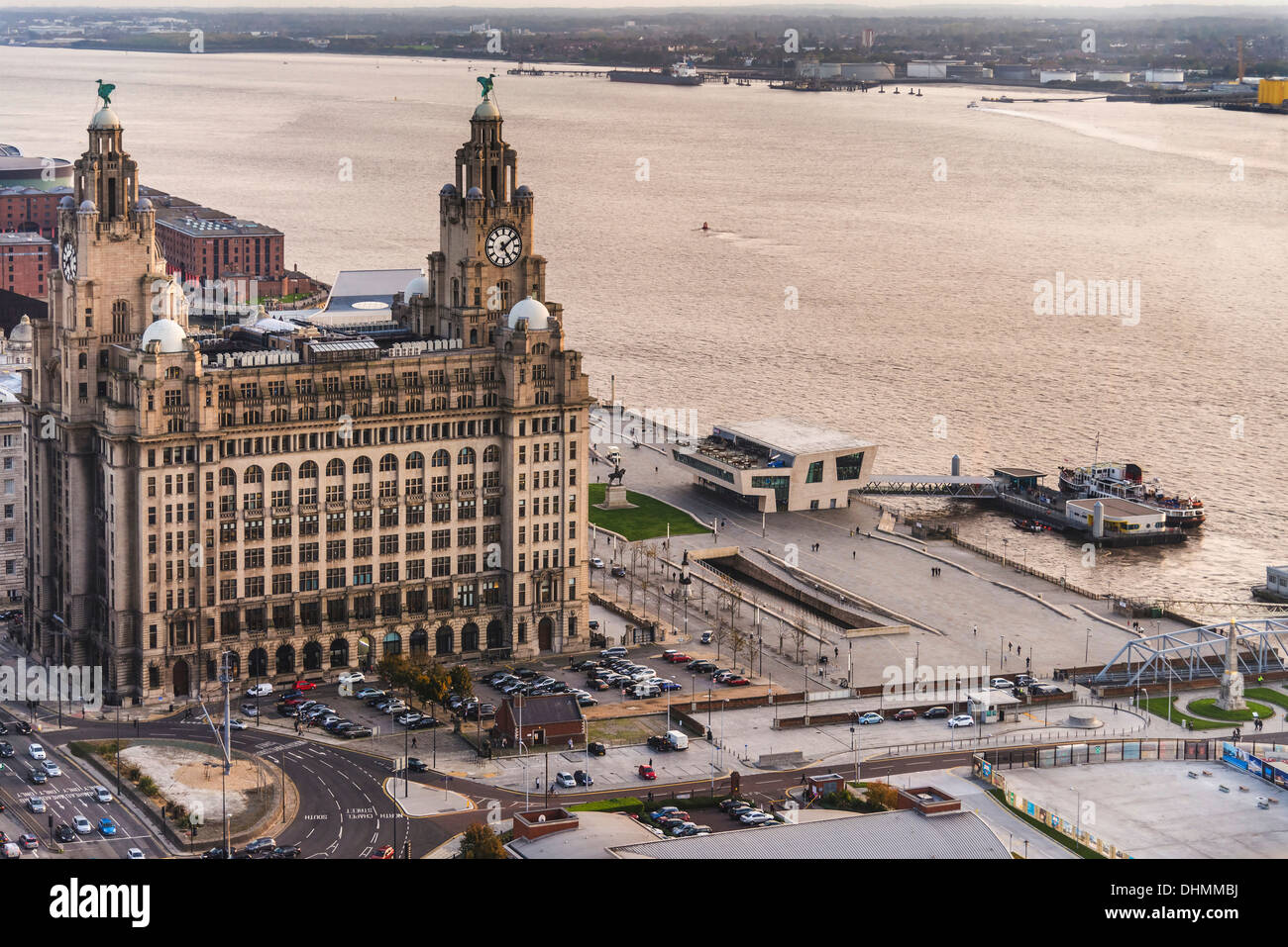 The Royal Liver building at Liverpool pierhead on the river Mersey with ...